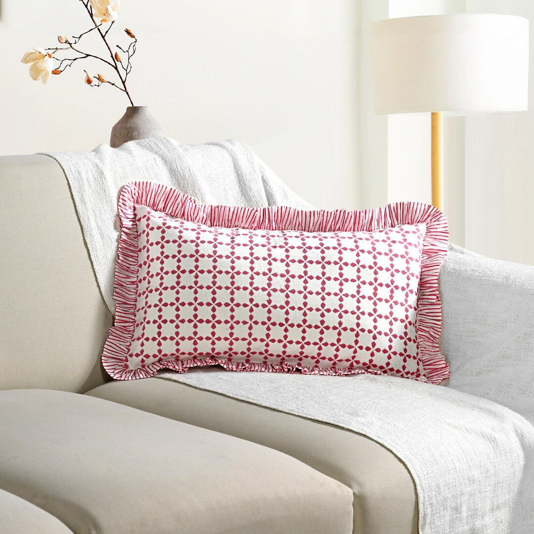 Magenta Pink Ruffle Pillow Cover 12x20" – Hand Block Printed Cotton ...