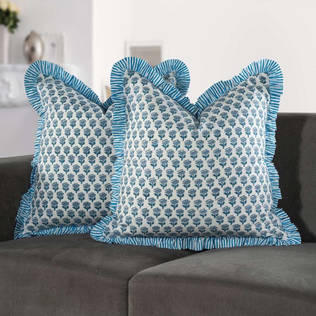 CPC Apatite Blue Cotton Block Print Ruffle Throw Bed Pillow Covers for ...