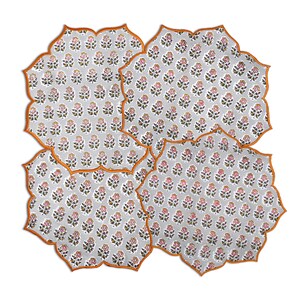CPC Labra Grey Scalloped Placemat Set of 4, Cotton Hand Block Flower ...
