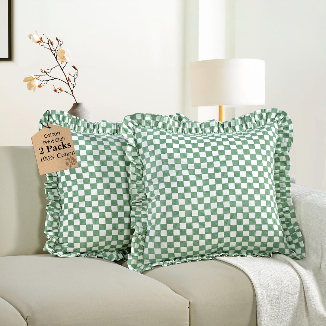 Handcrafted Hunter Green Gingham Ruffle Cushion Cover, Hand Block ...