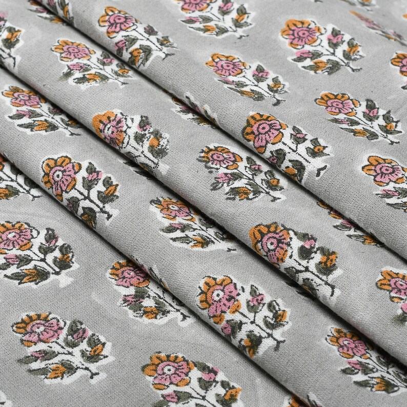 Hand Block Print Indian Cotton Fabric Labra Grey for Dress Curtain ...