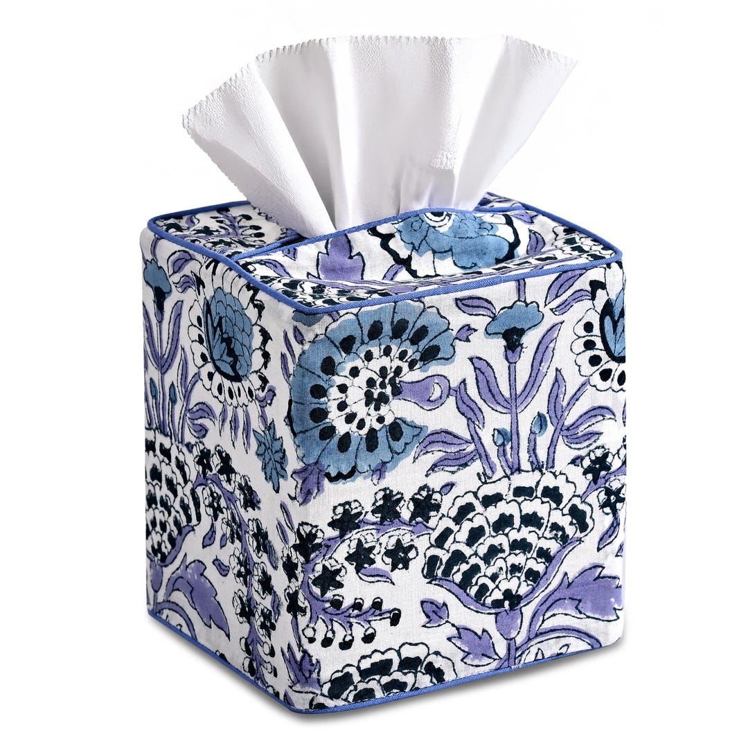 Indigo Blue Block Printed Cotton Tissue Box Cover, Reusable Floral ...