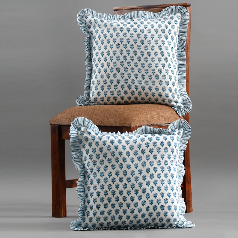CPC Apatite Blue Cotton Block Print Ruffle Throw Bed Pillow Covers for ...