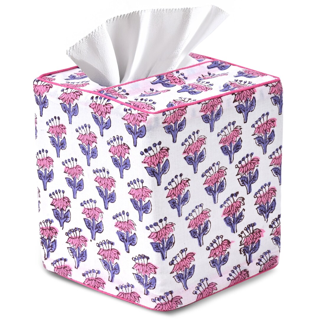 Pink Sapphire Block Printed Cotton Tissue Box Cover, Reusable Floral ...