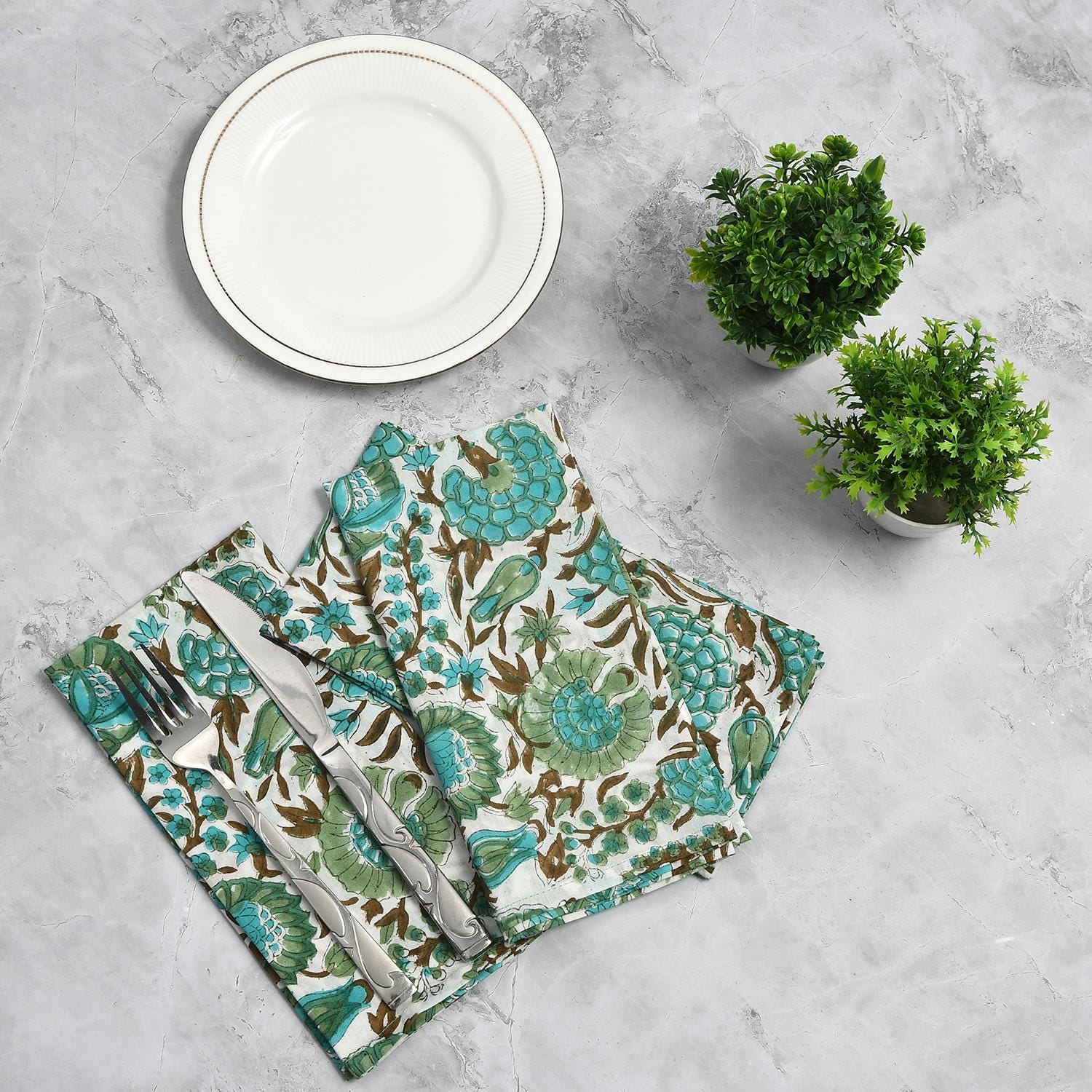 Aqua Green Floral Block Print Cloth Napkins Set of 4, 18x18 Indian ...