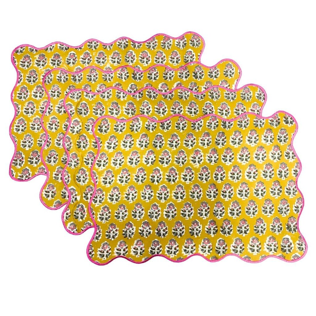 Citrine Yellow Scalloped Embroidered Placemats – Hand Block Printed ...