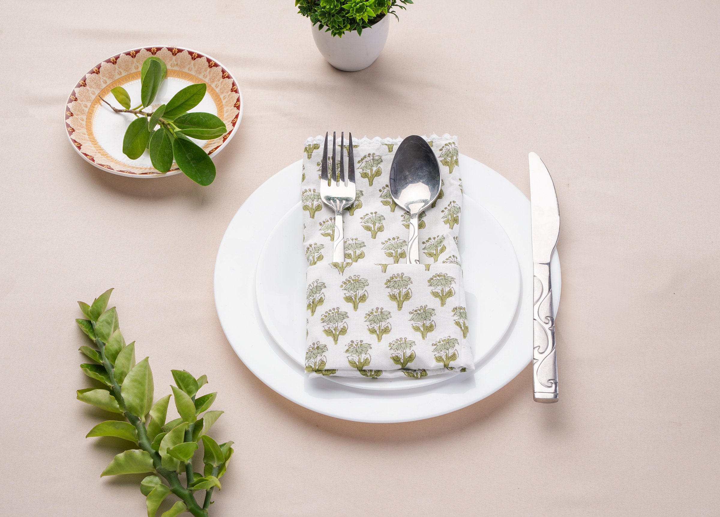 Emerald Green Indian Block Print Pom-pom Napkins, Floral Cotton Dinning ...