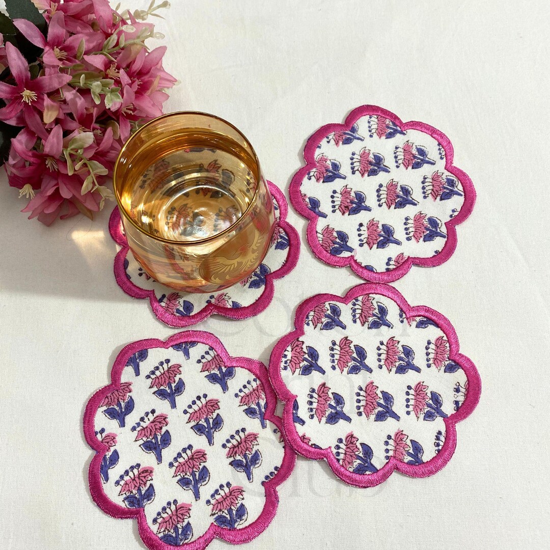 Pink Sapphire Cotton Drink Mats Set of 8, Hand Block Print With Scallop ...