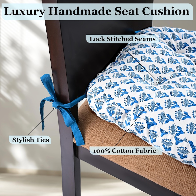 Apatite Blue Floral Chair Cushion With Ties – Hand Block Printed ...