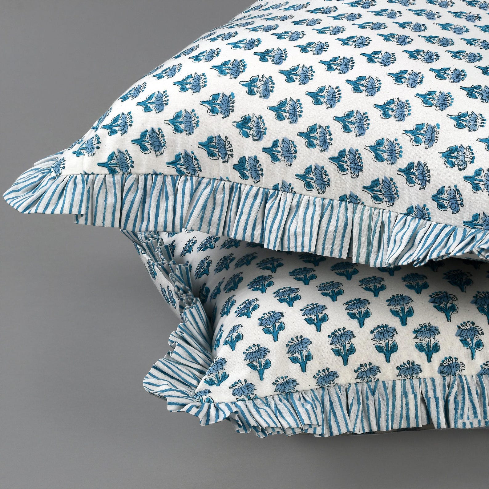 CPC Apatite Blue Cotton Block Print Ruffle Throw Bed Pillow Covers for ...