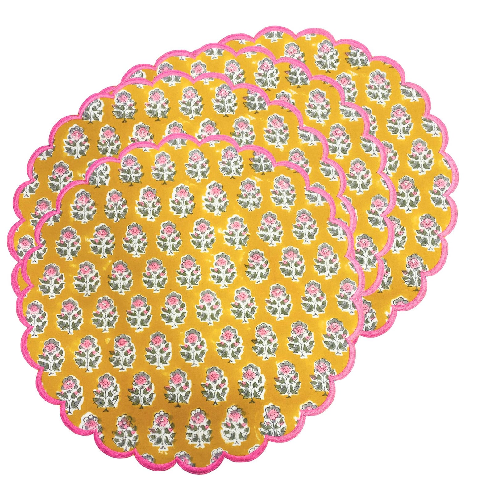 Citrine Yellow Embroidered Scallop Round Placemats, Set of 4 Cotton ...