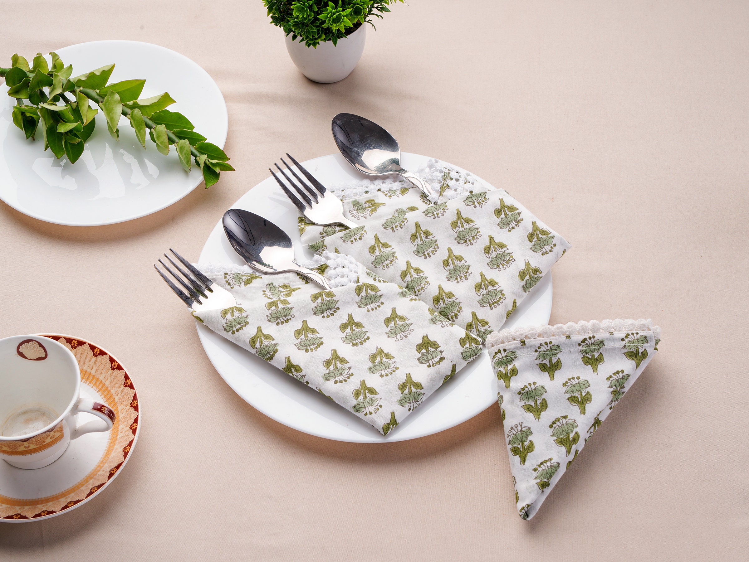 Emerald Green Indian Block Print Pom-pom Napkins, Floral Cotton Dinning ...