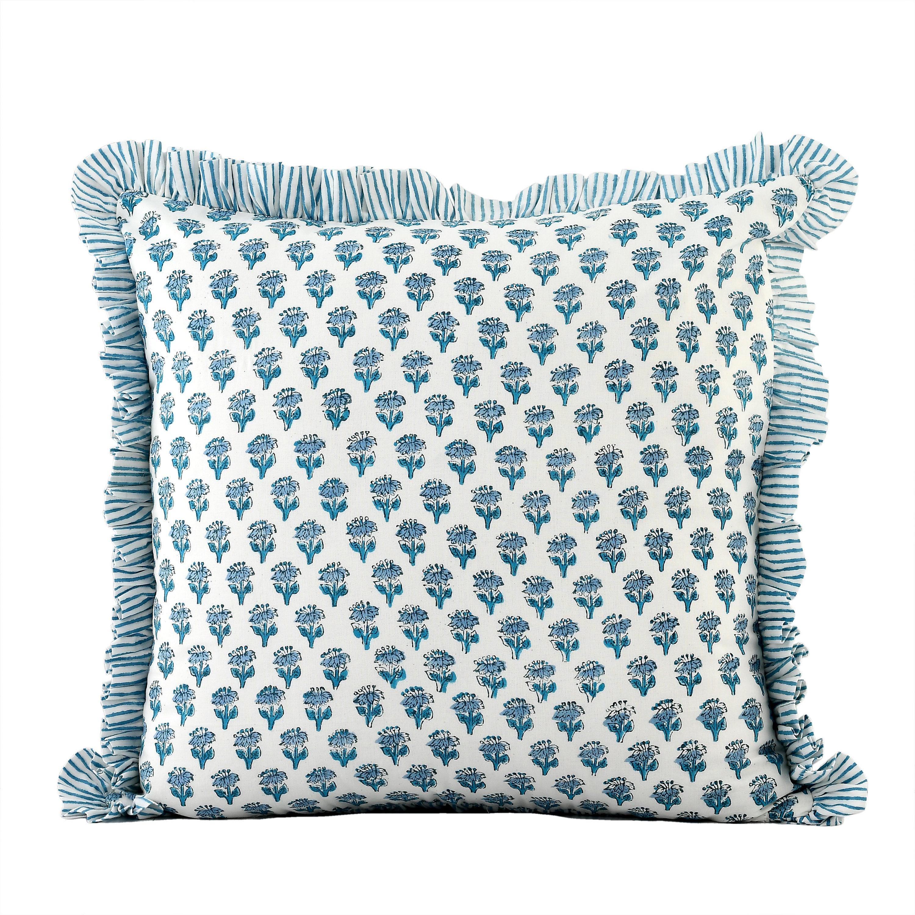 CPC Apatite Blue Cotton Block Print Ruffle Throw Bed Pillow Covers for ...