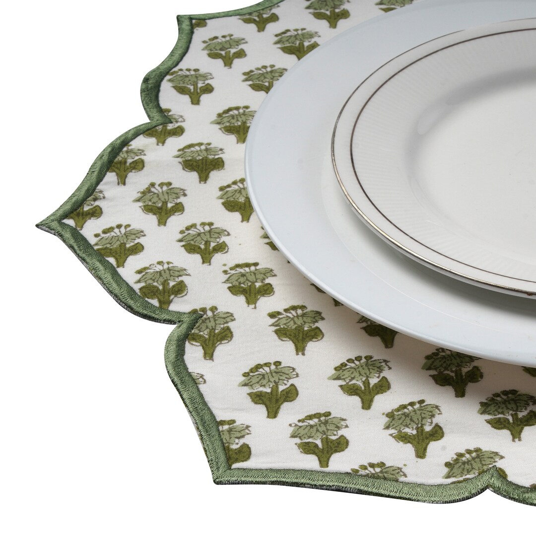 CPC Emerald Green Scalloped Placemat Set of 4, Cotton Hand Block Flower ...