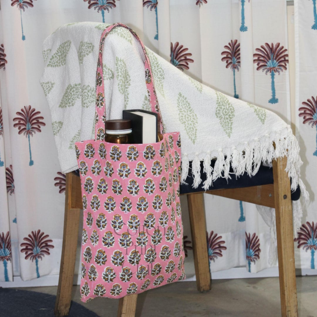 Reusable Cotton Boho Floral Market Tote Bag – Hand Block Printed Poppy ...