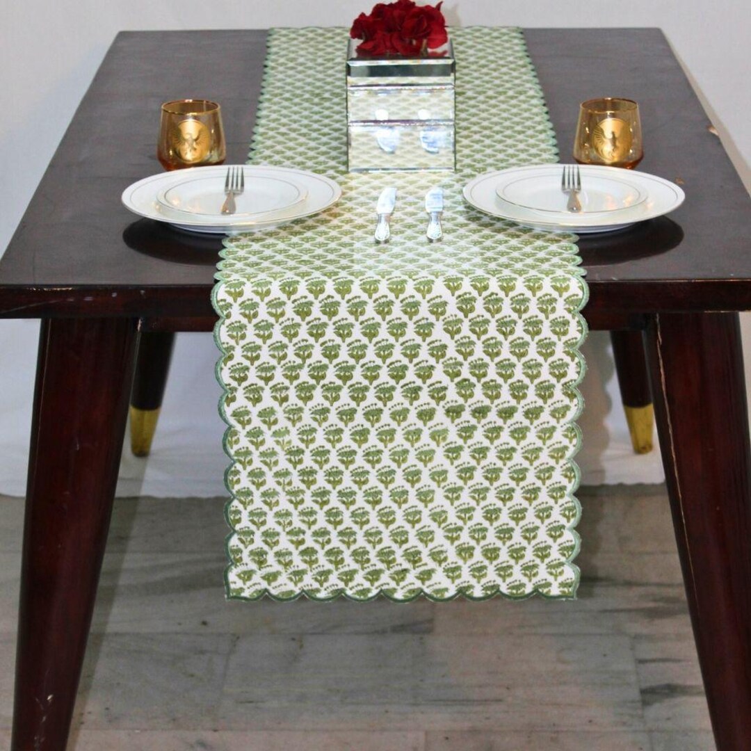Emerald Green Floral Table Runner – Hand Block Printed Cotton With ...