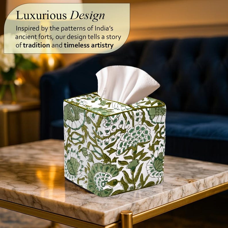 Agate Green Block Printed Cotton Tissue Box Cover, Reusable Floral ...