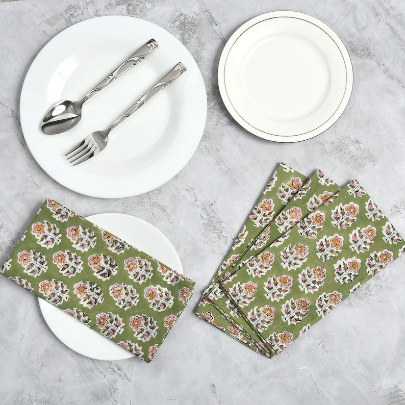 Jade Green Cotton Napkin Set | Hand Block Printed Floral Table Linens ...