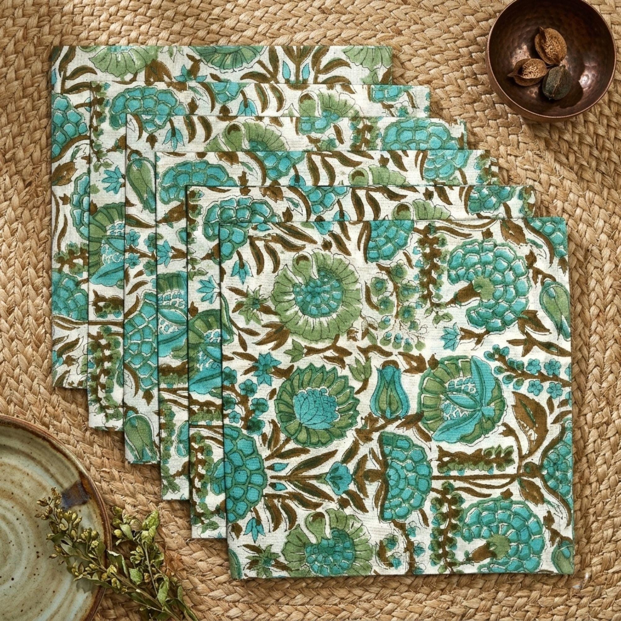Aqua Green Floral Block Print Cloth Napkins Set of 4, 18x18 Indian ...