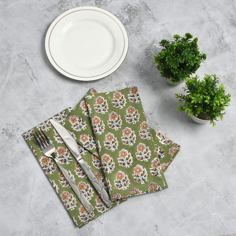 Jade Green Cotton Napkin Set | Hand Block Printed Floral Table Linens ...