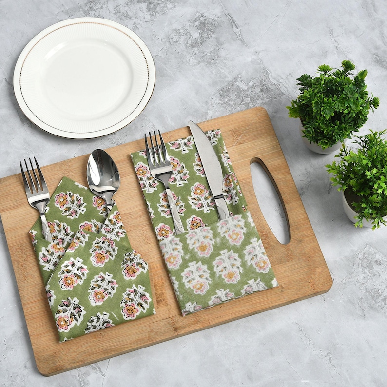 Jade Green Cotton Napkin Set | Hand Block Printed Floral Table Linens ...