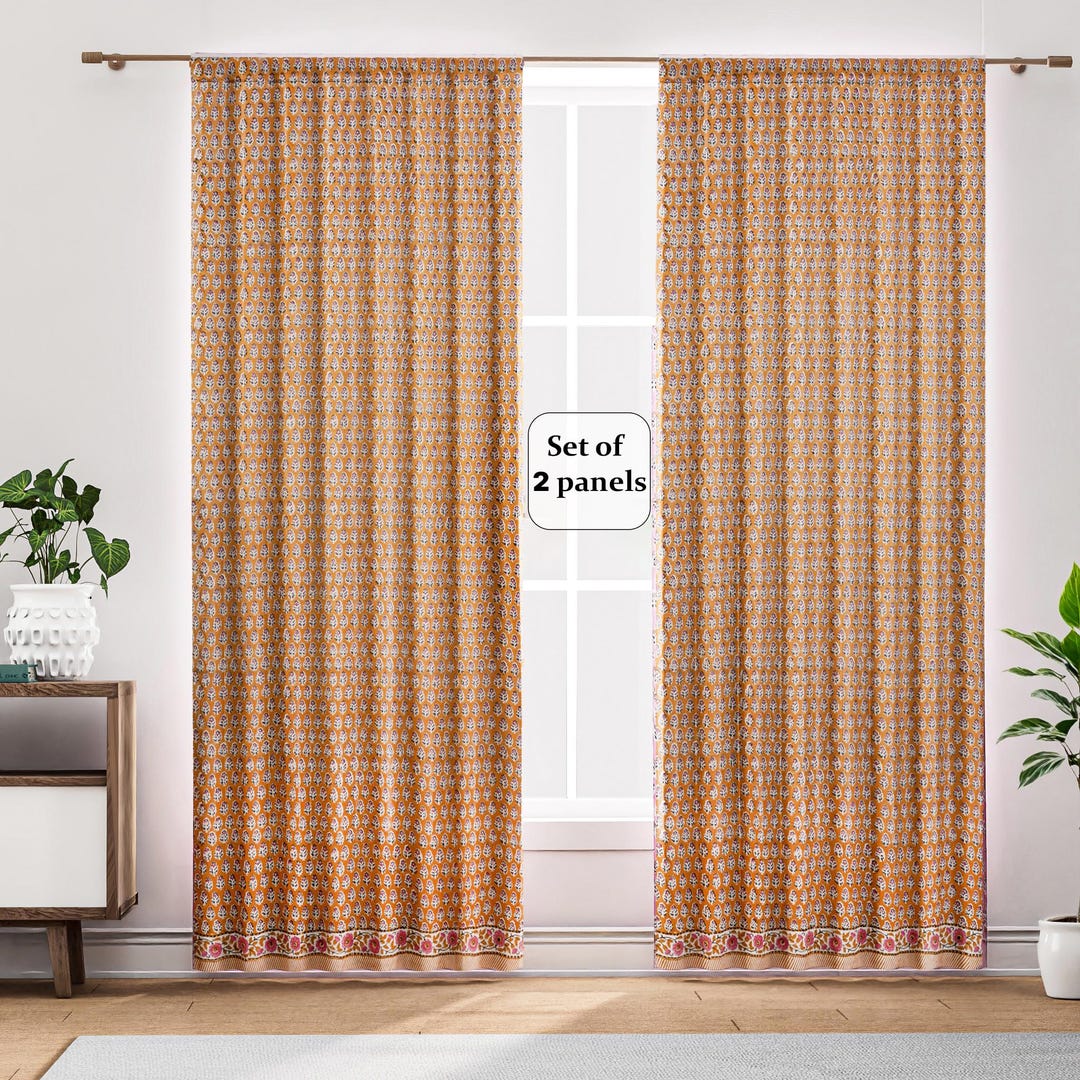 Yellow Citrine Cotton Curtain Set of 2 Panels | Hand Block Printed Boho ...