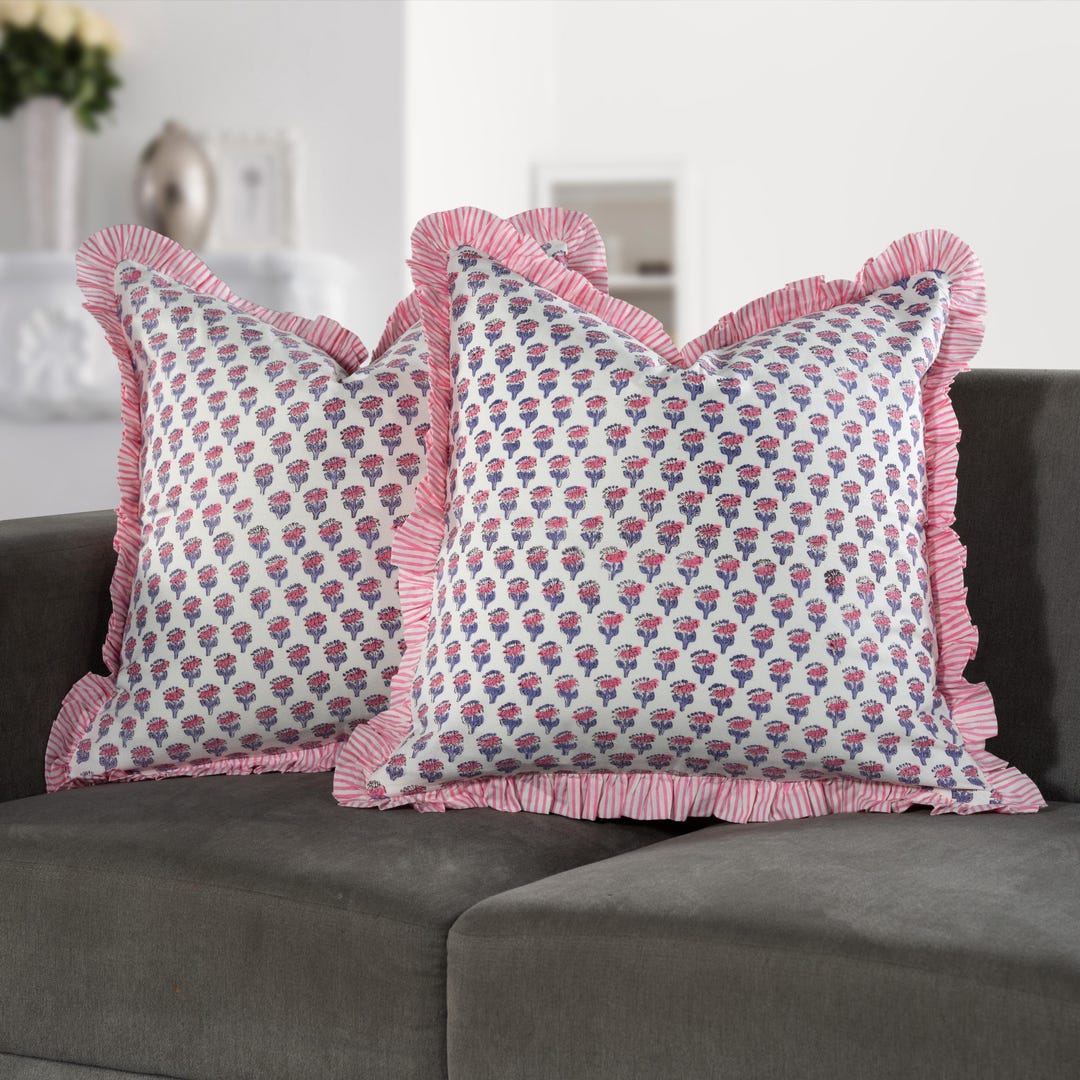 Pink Sapphire Cotton Hand Block Print Ruffle Throw Pillow Covers ...