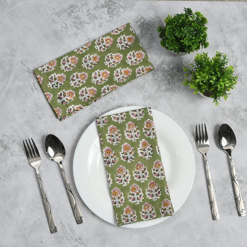 Jade Green Cotton Napkin Set | Hand Block Printed Floral Table Linens ...