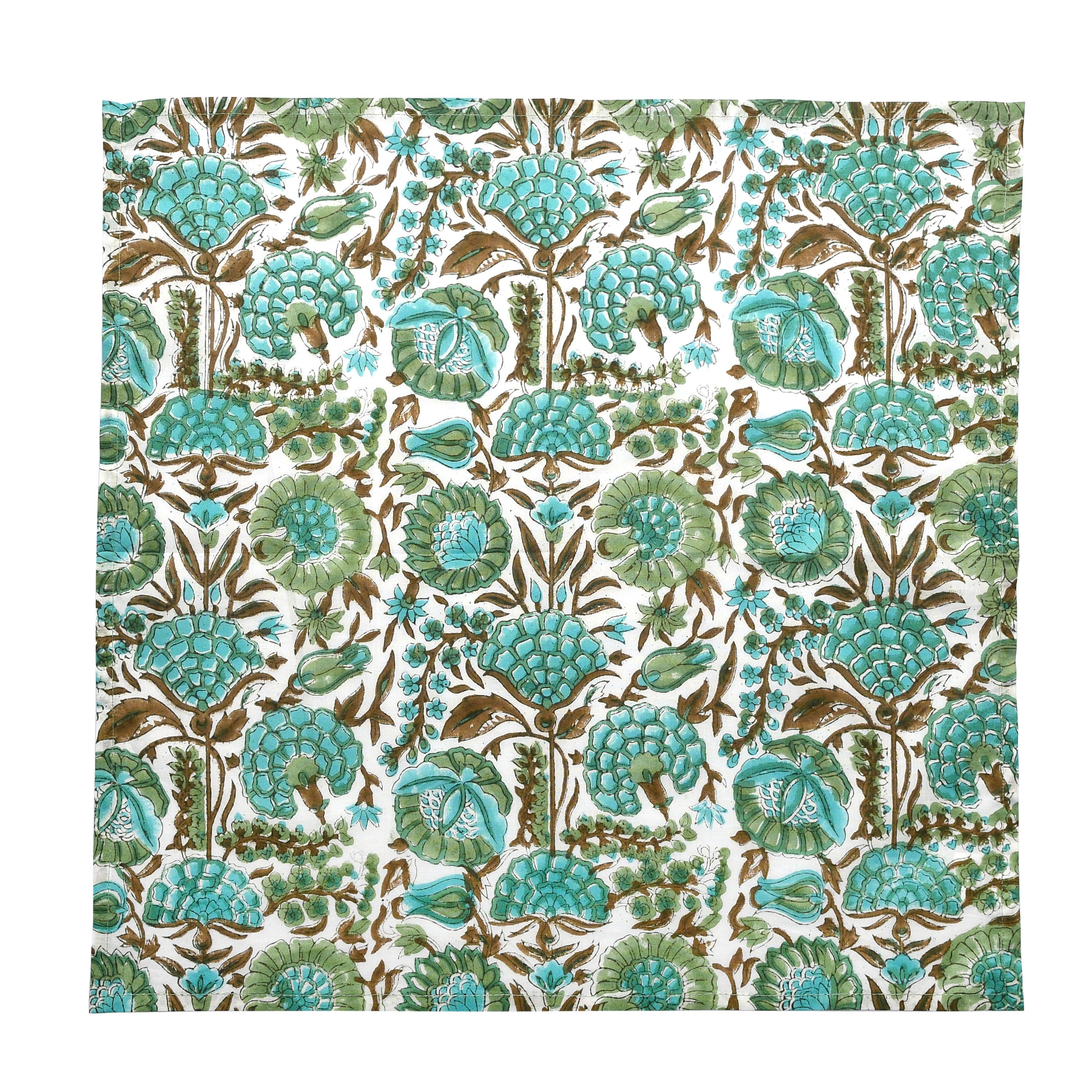 Aqua Green Floral Block Print Cloth Napkins Set of 4, 18x18 Indian ...