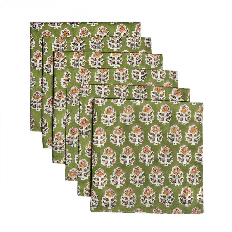 Jade Green Cotton Napkin Set | Hand Block Printed Floral Table Linens ...