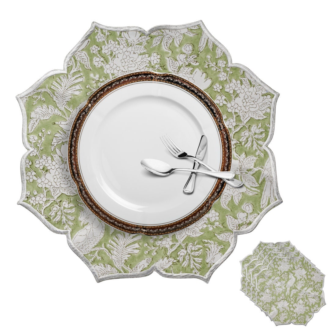 CPC Olive Green Scalloped Placemat Set of 4, Cotton Hand Block Flower ...