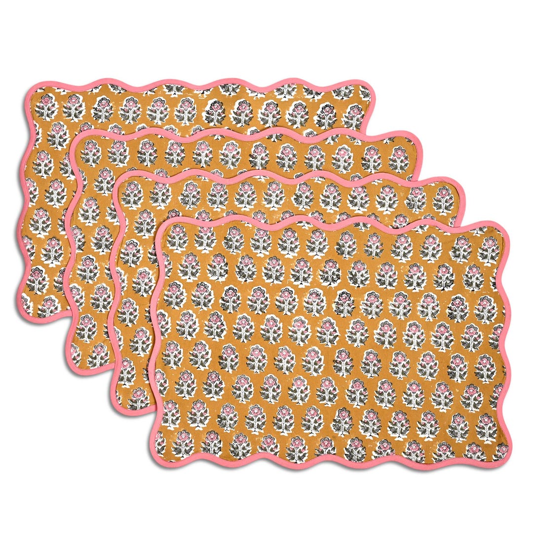 Citrine Yellow Reversible Placemats, Hand Block Printed Cotton Floral ...
