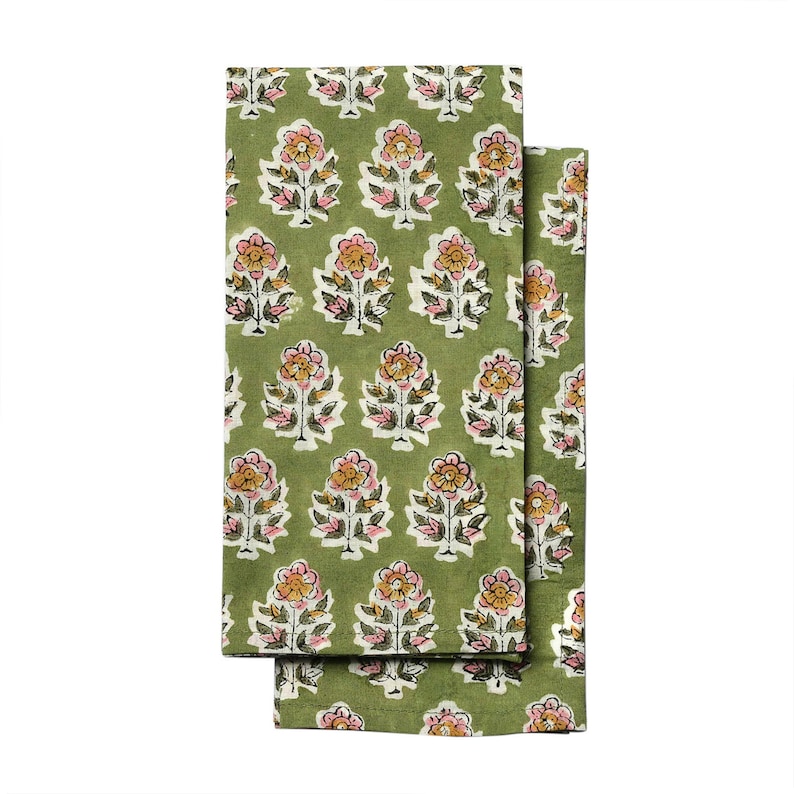 Jade Green Cotton Napkin Set | Hand Block Printed Floral Table Linens ...