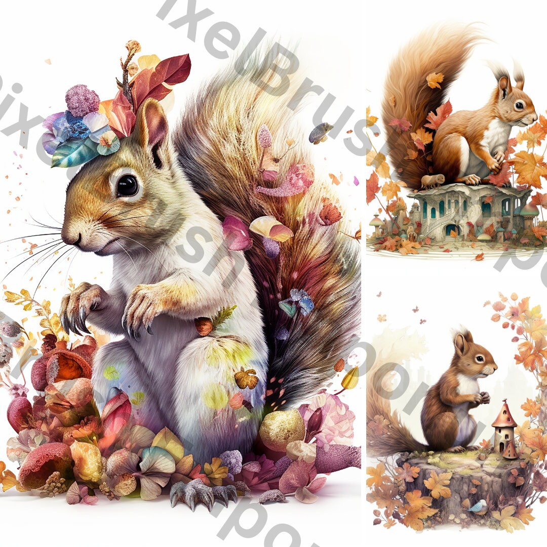 Woodland Squirrel Mystical Whimsical Mushroom Clip Art PNG, Commercial ...
