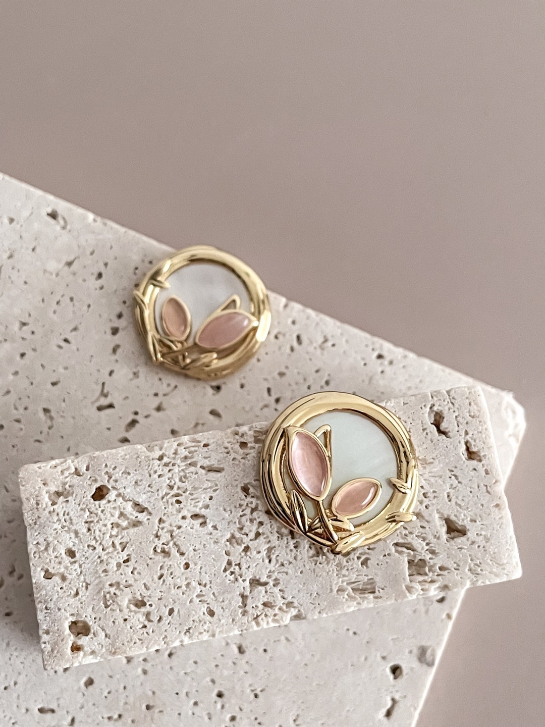 Tulip Flower Earrings 18K Gold Plated Palace Style Mother of Pearl Stud Earrings by Subtle ...