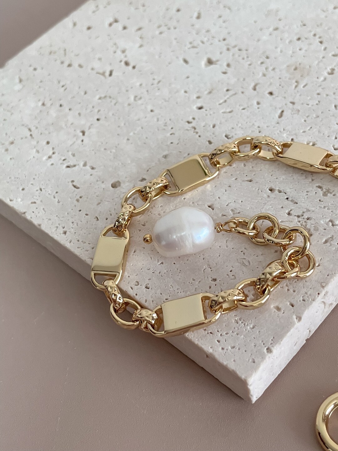 Subtle Statements NYC French Retro 18K Gold Plated Chain Bracelets With Pearl Pendant, Pearl ...