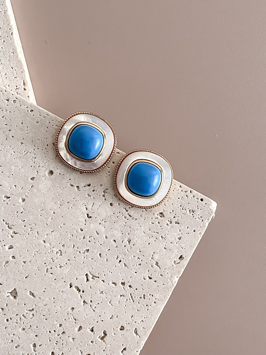 Square Turquoise Earrings W/mother of Pearl 18K Gold Plated French Retro Gemstone Stud Earrings ...