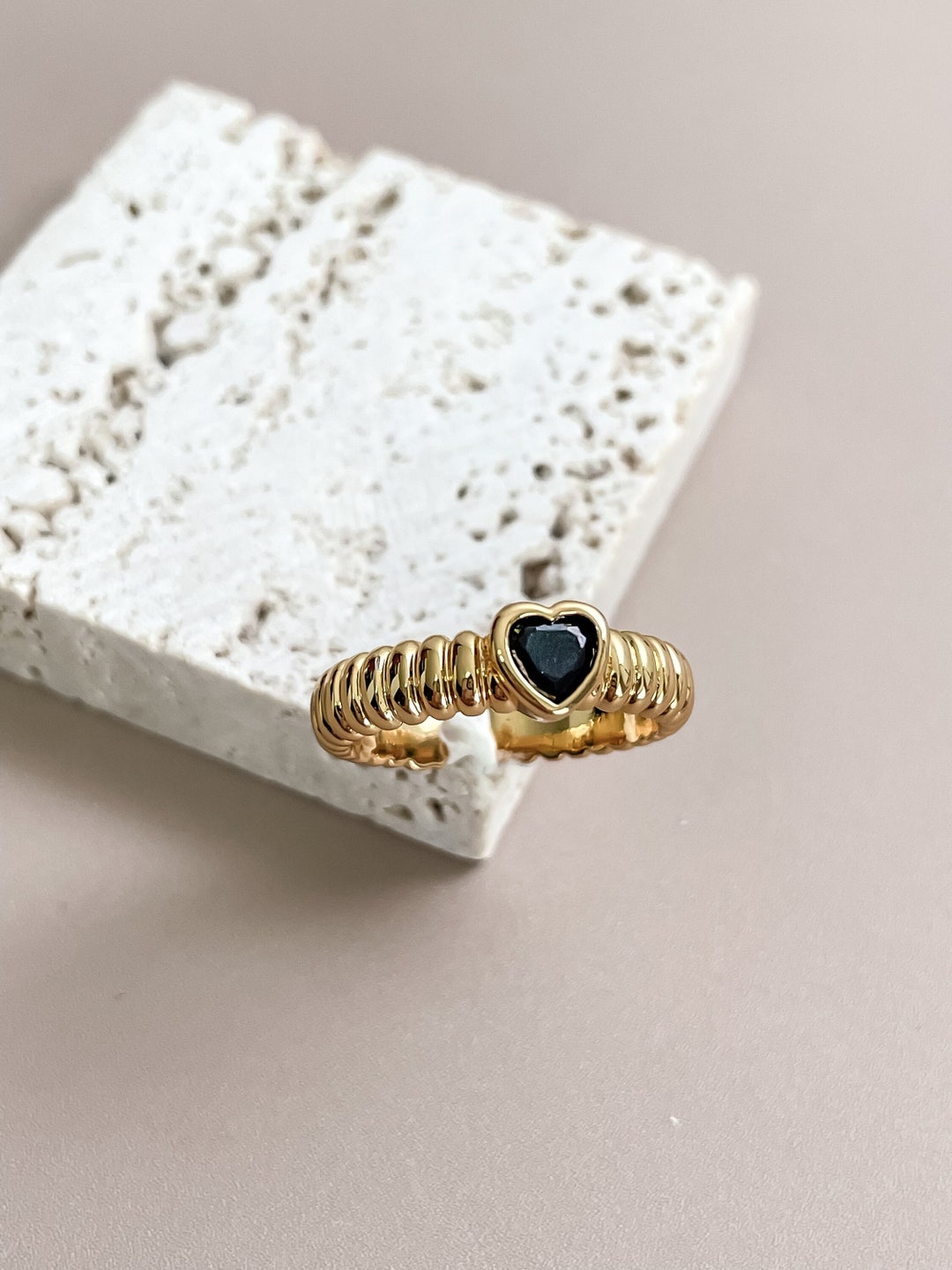 Black Heart Ring 18K Gold Plated Vintage Style Black Zircon Dainty Heart Adjustable Ring Band by ...