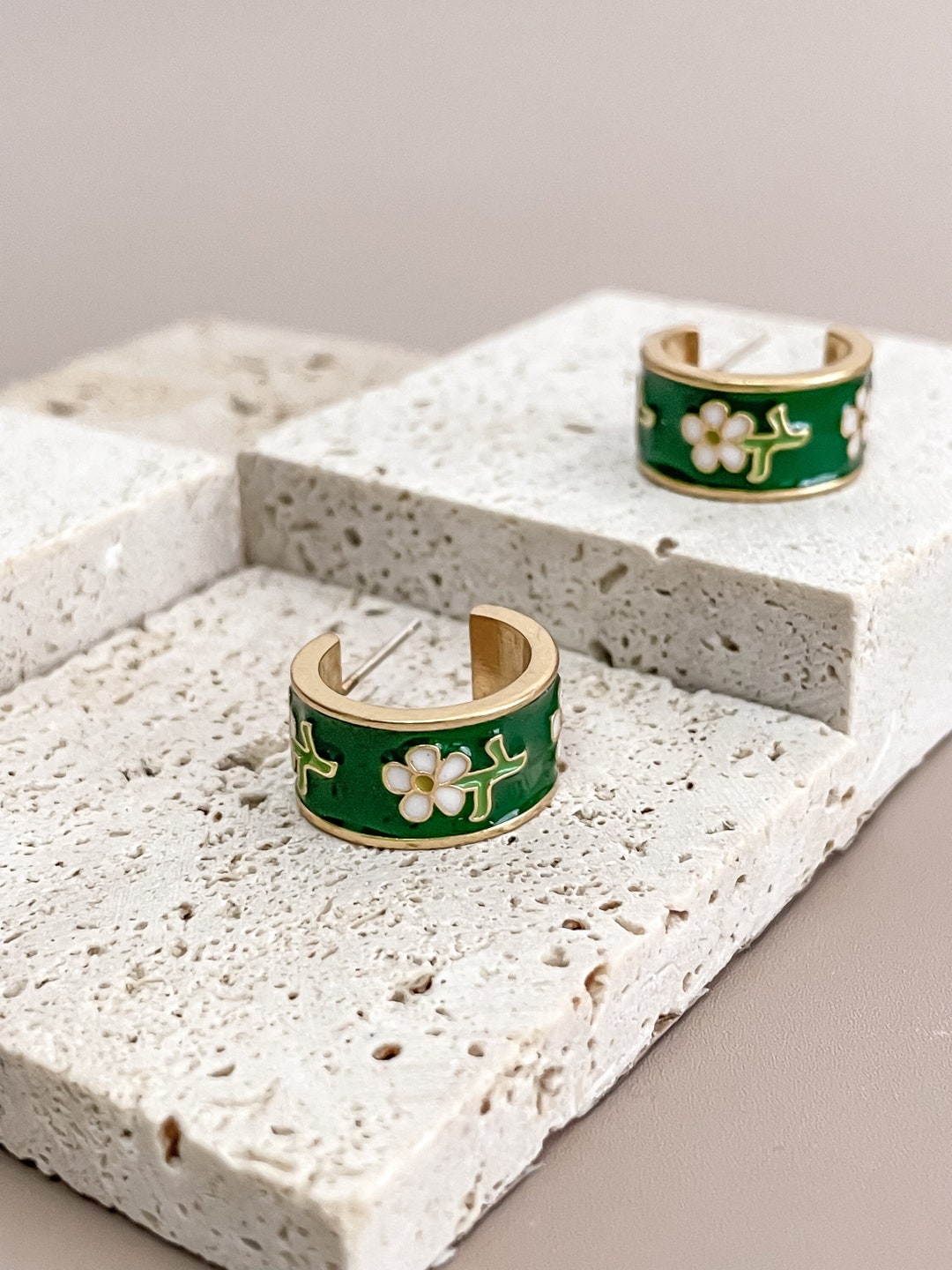 Green Daisy Earrings Enamel Huggy Hoops by Subtle Statements NYC, Enamel Earrings, Daisy ...