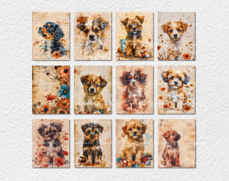 Floral Cute Puppy Junk Journal Pages, Digital Dog Scrapbook Kit, Cute ...