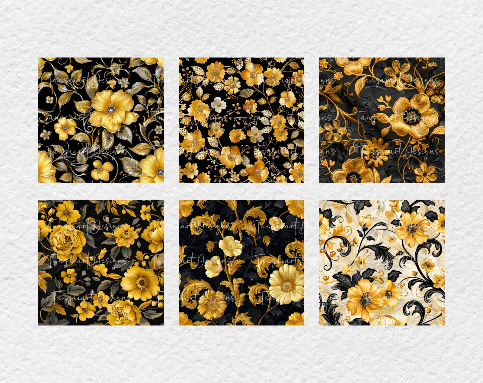 Black and Yellow Floral Digital Paper, Gold Flowers Seamless Pattern ...