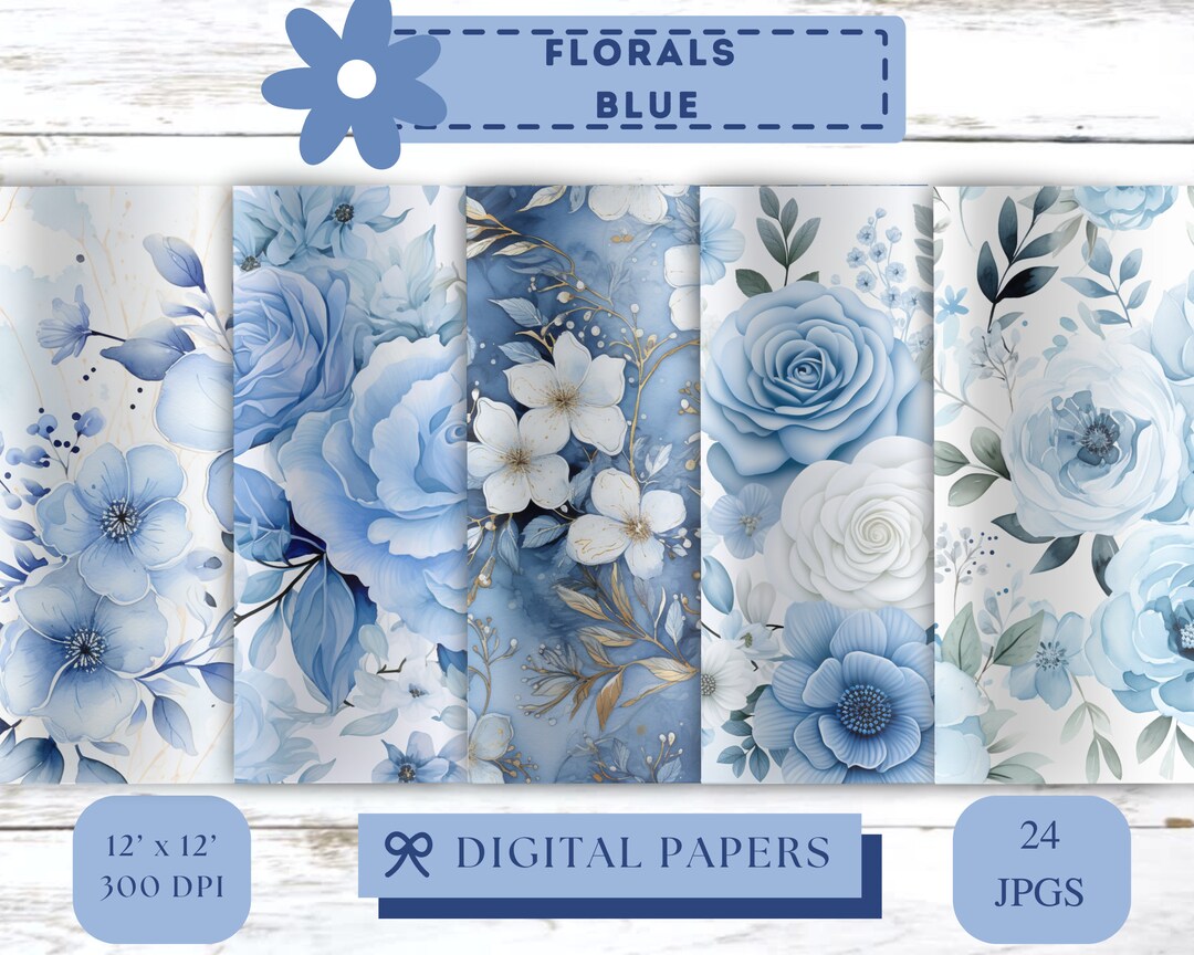 Blue Floral Watercolor Digital Paper, Abstract Pastel Blue Watercolor ...