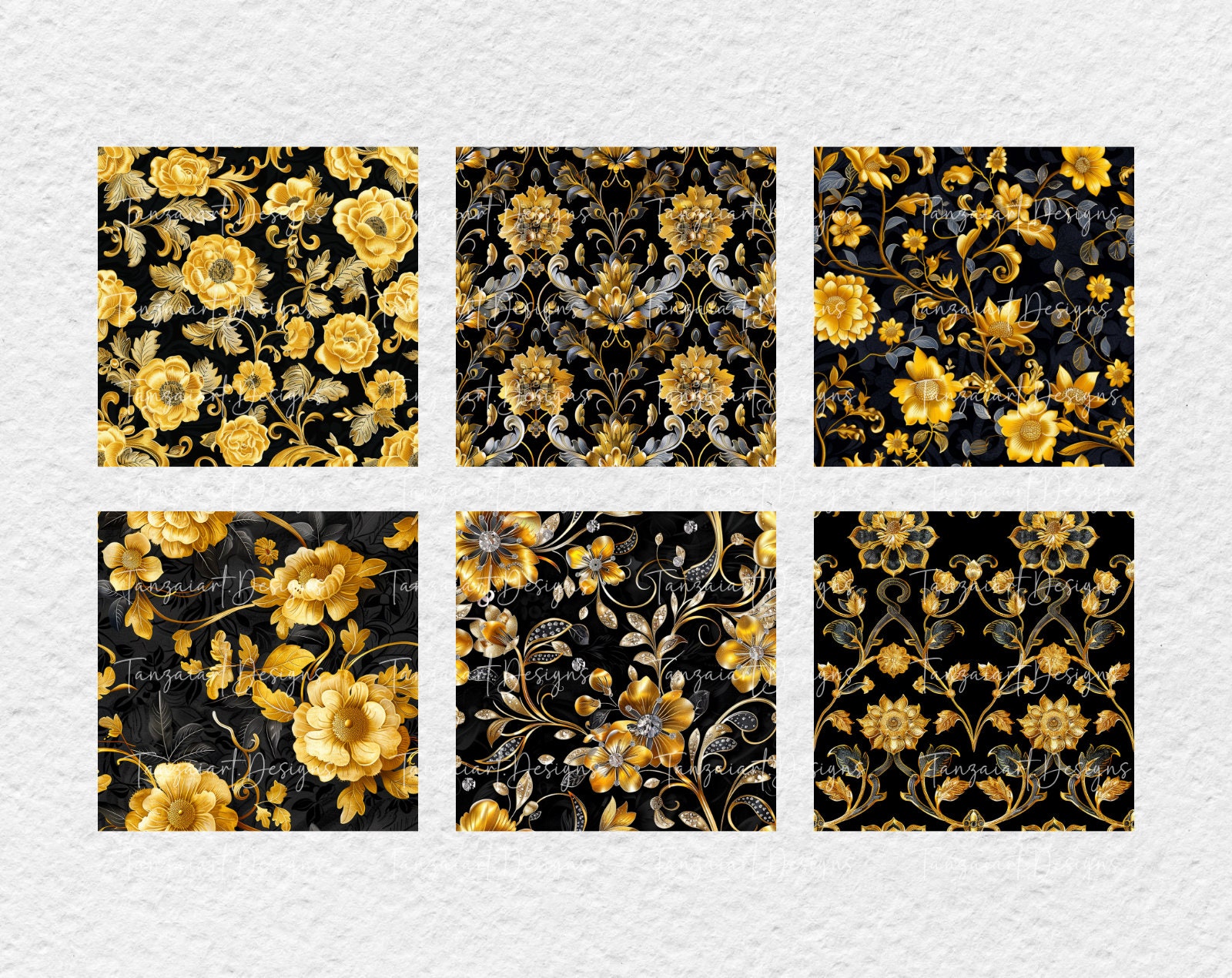 Black and Yellow Floral Digital Paper, Gold Flowers Seamless Pattern ...