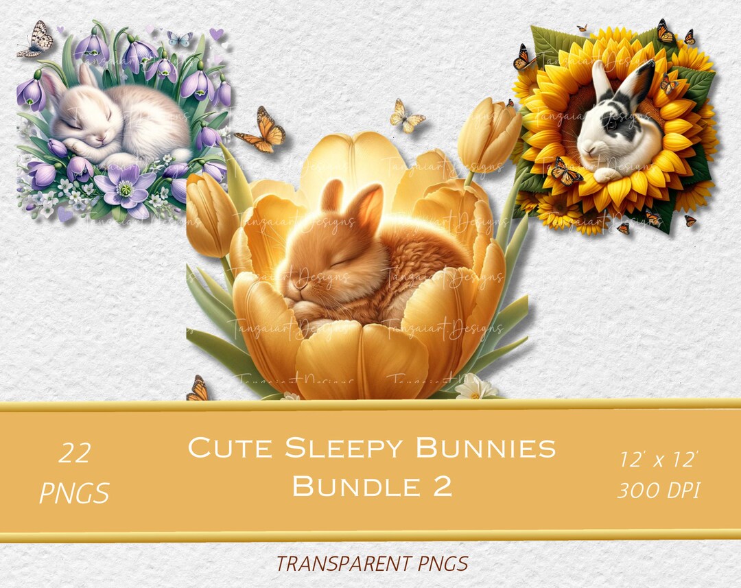 Watercolor Sleeping Baby Bunny Clipart Bundle 2, 22 PNG Bunny Graphics ...