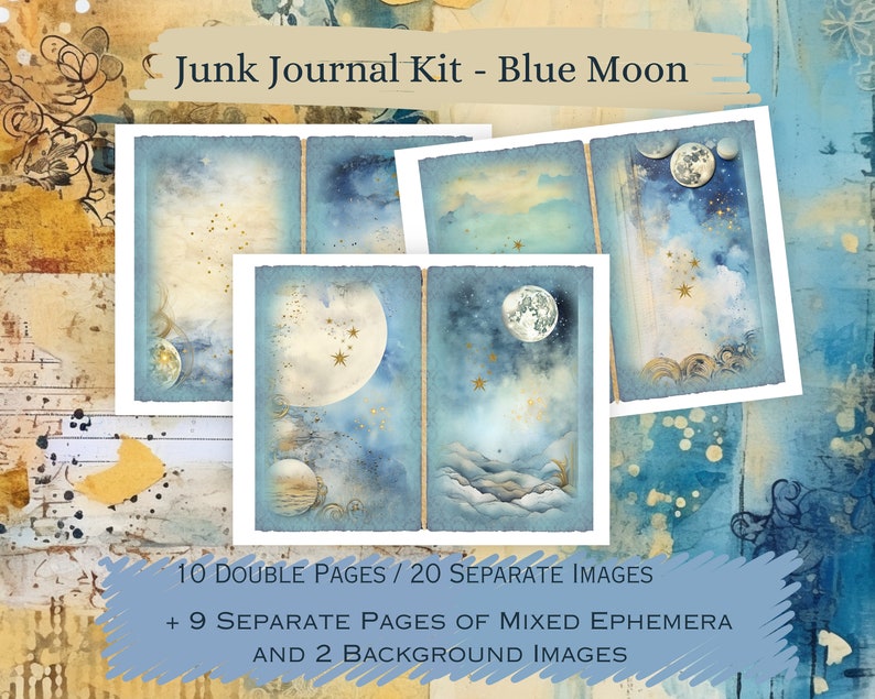 Blue Moonlight Junk Journal Digital Kit Printable, Moon and Stars ...