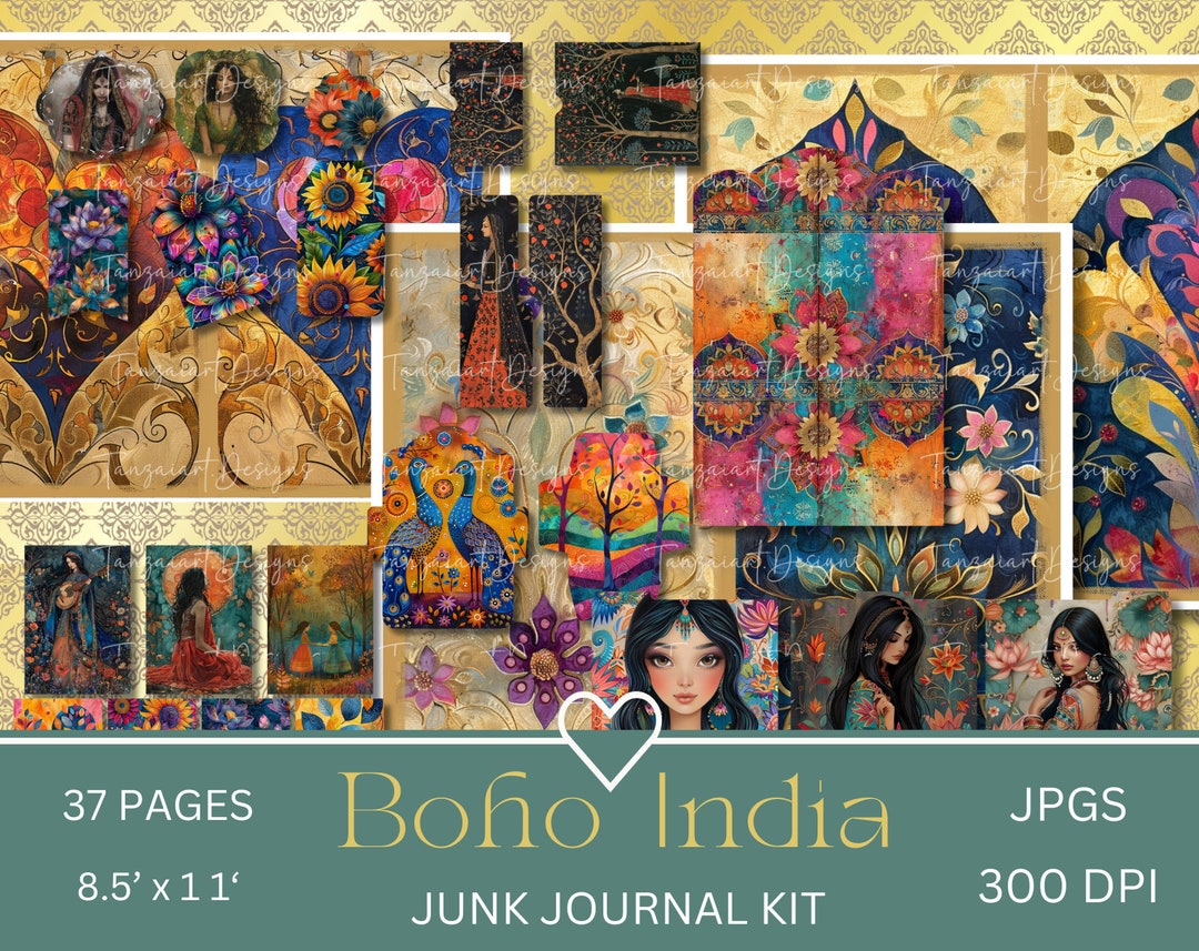 Boho India Junk Journal Kit, Half Pages, Full Pages, Cards, Tags, Folio ...