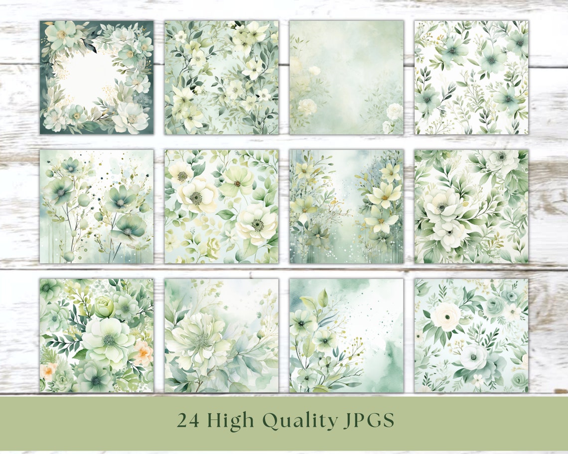 Sage Green Floral Watercolor Digital Paper, Abstract Pastel Wedding ...