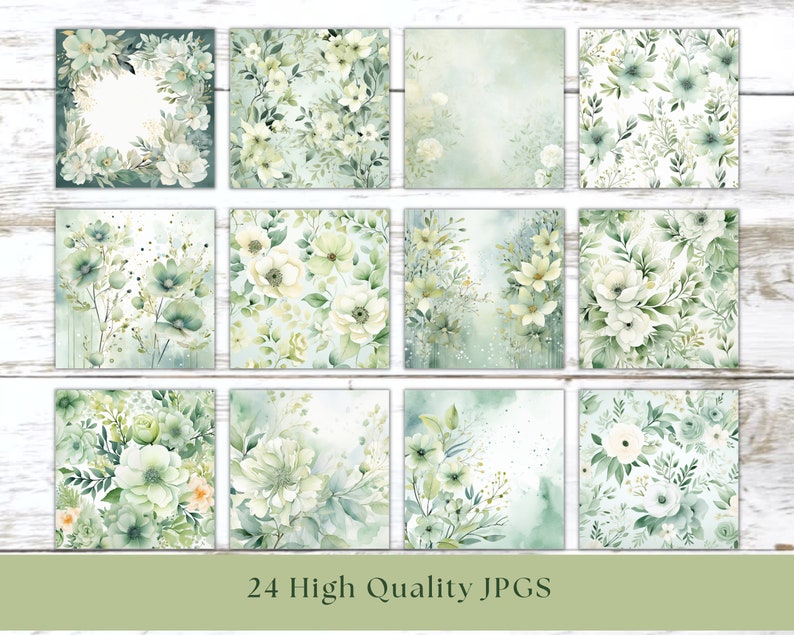 Sage Green Floral Watercolor Paper, Pastel Wedding Scrapbook (digital ...