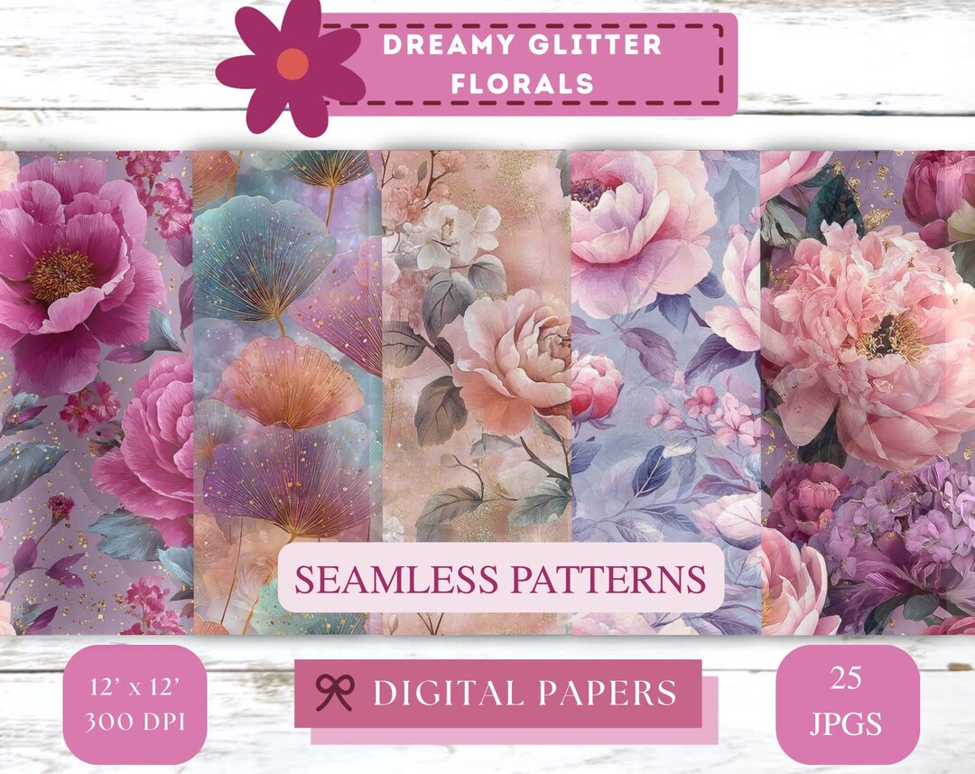 Dreamy Glitter Floral Digital Paper, Vintage Flowers , Antique for ...
