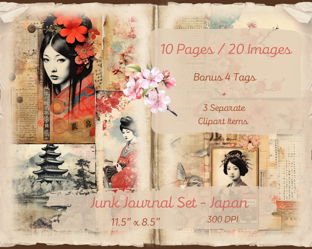 Vintage Japan Junk Journal Pages, Digital Scrapbook Paper Kit, Japanese ...